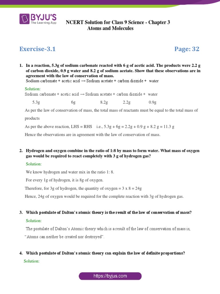 Ncert Sol For Cbse Class 9 Sci Chapter 3 Atoms and Molecules | PDF ...