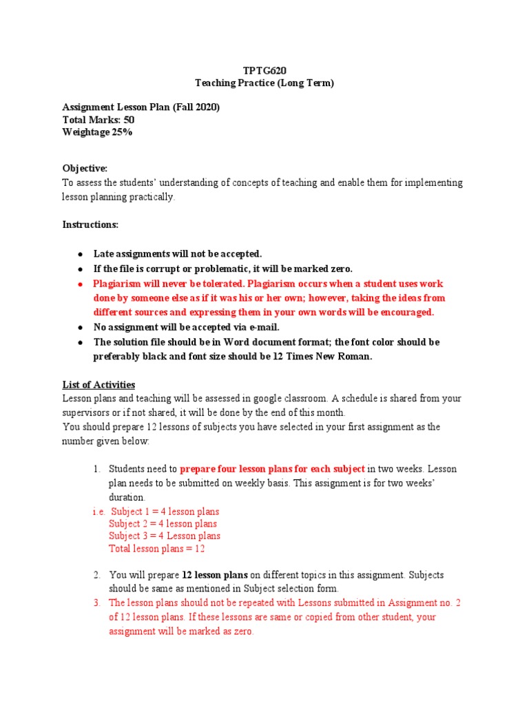 TPTG620 Teaching Practice (Long Term) Assignment Lesson Plan (Fall 2020 ...