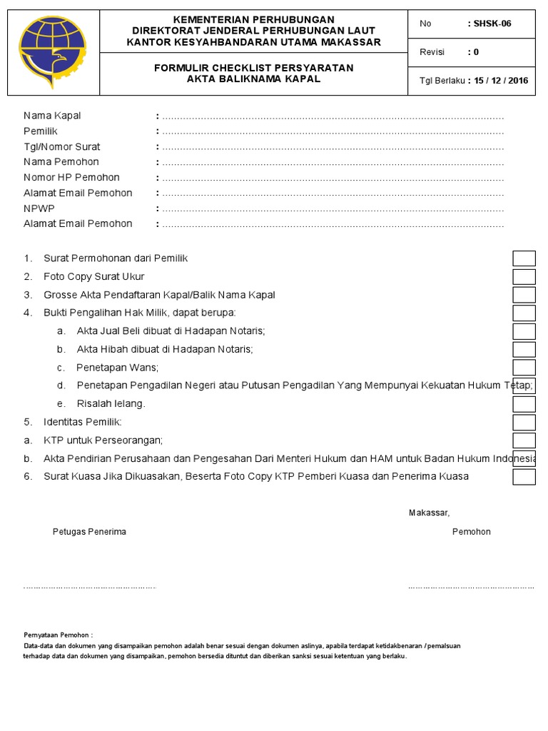 Formulir Checklist Persyaratan Akta Baliknama Kapal | PDF