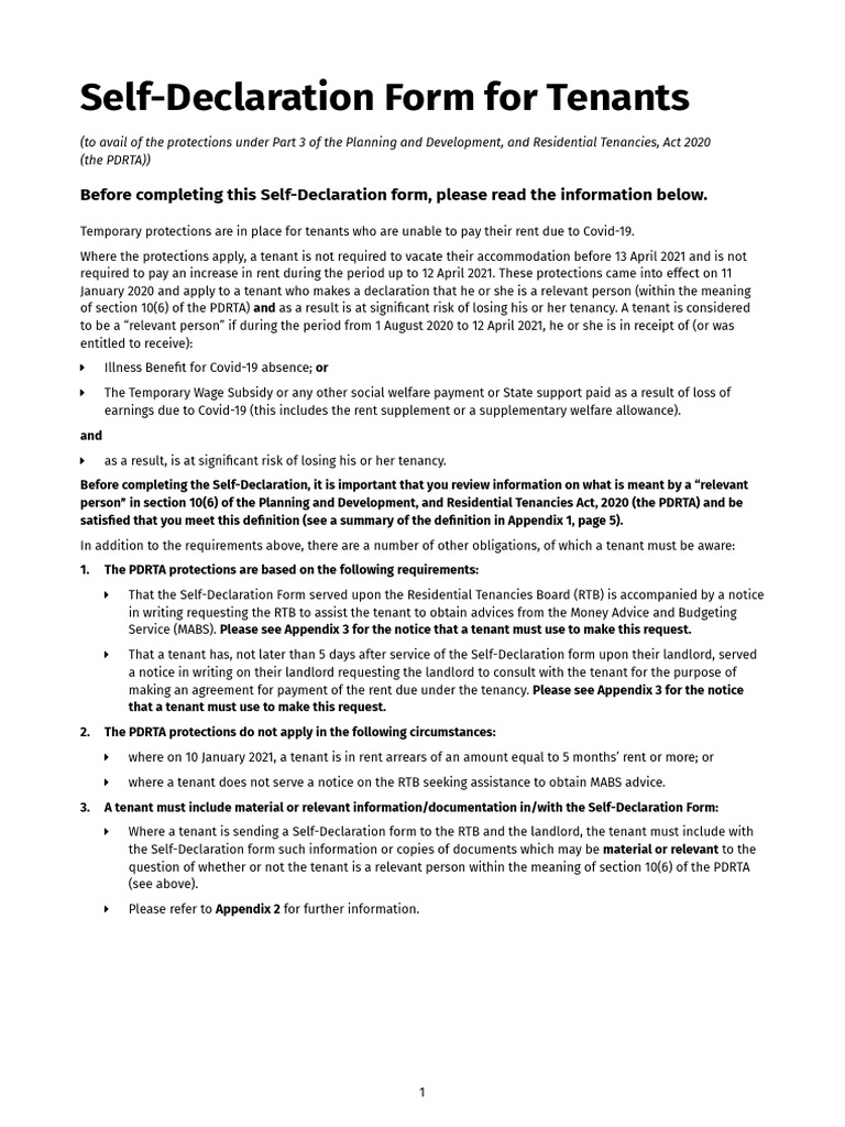 Self-Declaration Form For Tenants | PDF | Leasehold Estate | Landlord