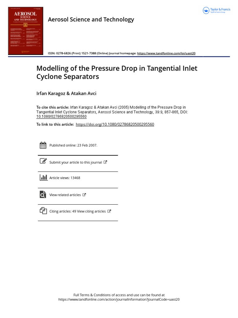 Modelling of The Pressure Drop in Tangential Inlet Cyclone Separators ...