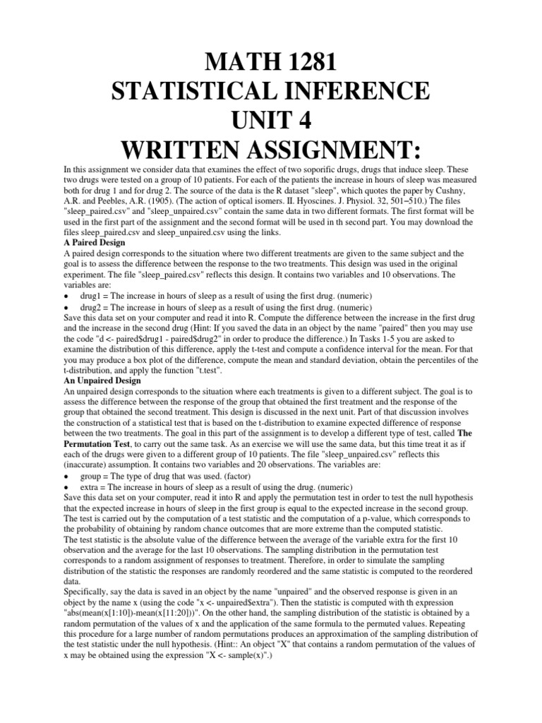 Math 1281 Statistical Inference Unit 4 Written Assignment A Paired Design Pdf P Value