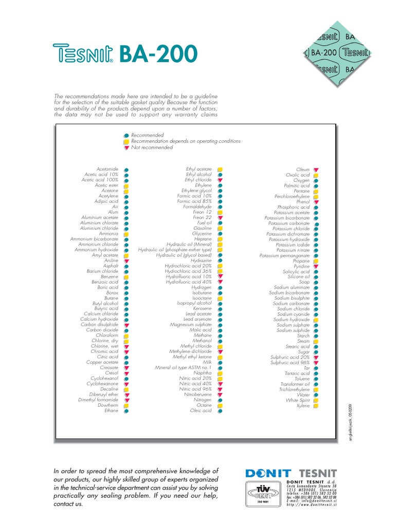 Gaskets TESNIT BA 200 - 2 | PDF | Acid | Ethanol