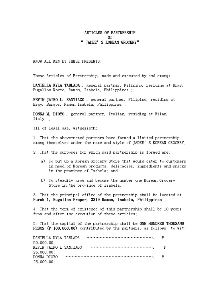 Articles of Partnership | PDF | Partnership | Economies