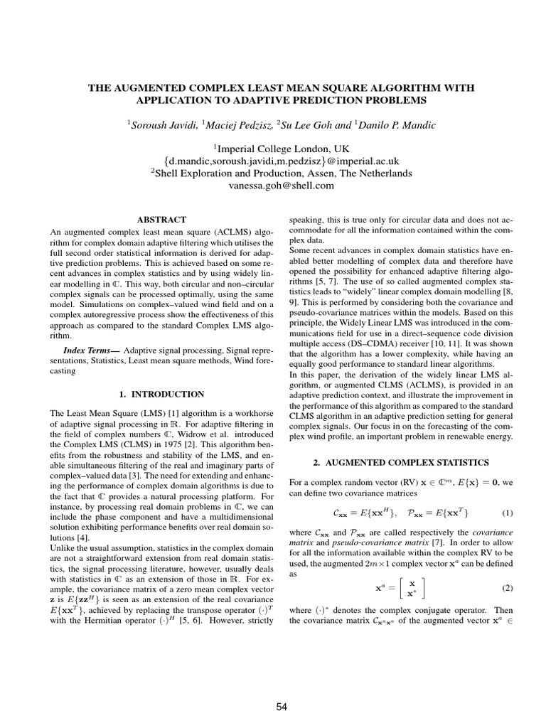 The Augmented Complex Least Mean Square Algorithm With Application To Adaptive Prediction ...