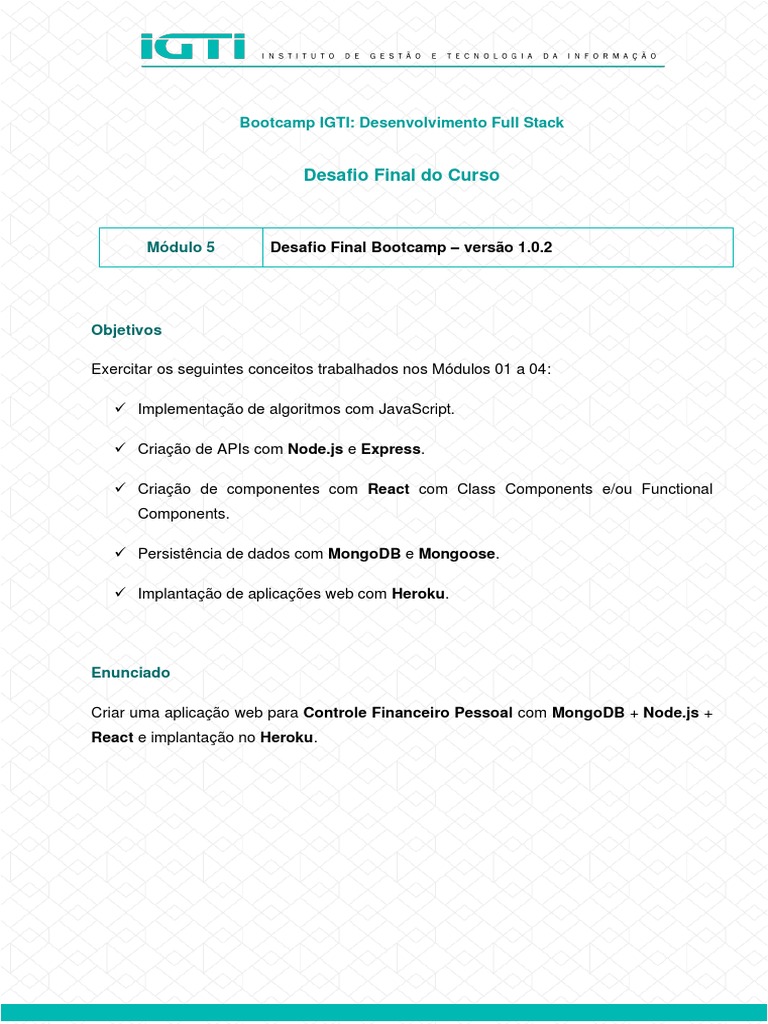 Enunciado Do Desafio Final - Bootcamp Desenvolvedor Fullstack | PDF | Script Java | Aplicativo ...