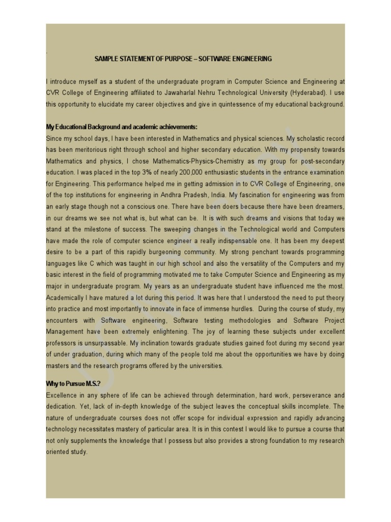 Statement of Purpose: Software Engineering | PDF | University | Software