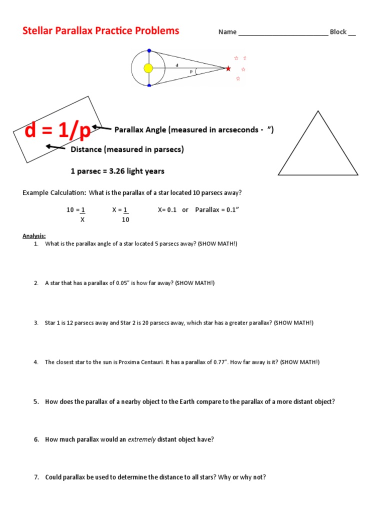 Stellar Parallax Practice Problems | PDF