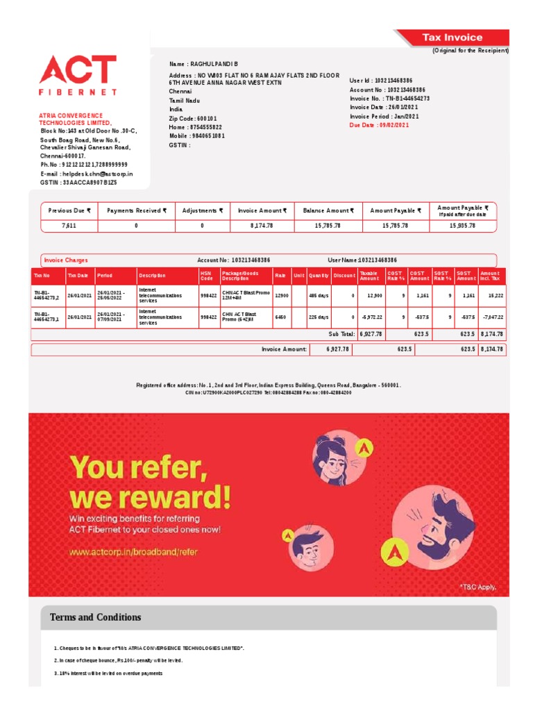 Internet Service Provider Invoice for Customer RaghulpandiB | PDF ...