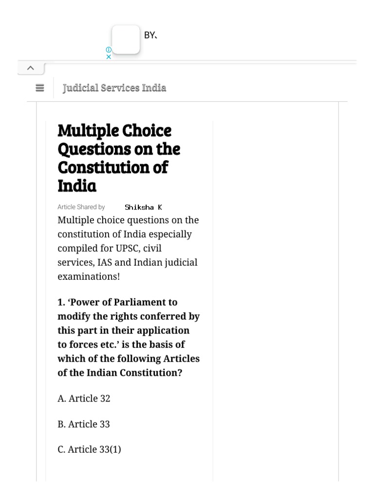 Multiple Choice Questions On The Constitution of India | PDF | Policy ...