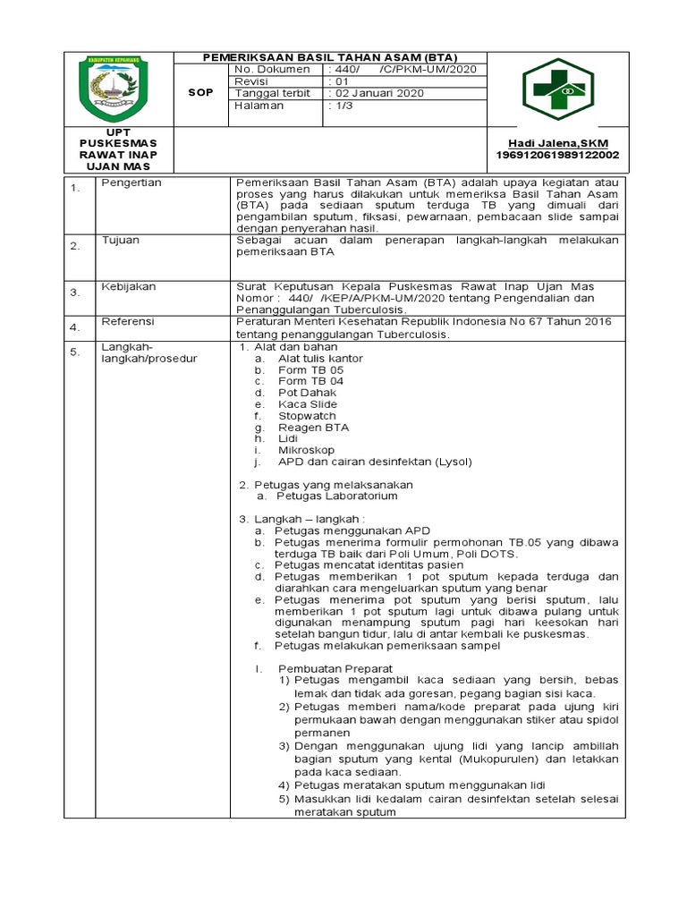 Sop Pemeriksaan Bta | PDF