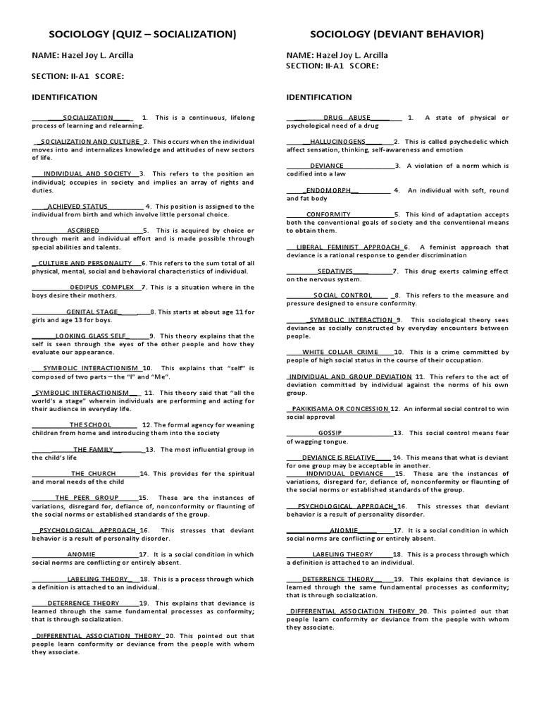 Quiz On Socialization | PDF | Deviance (Sociology) | Socialization