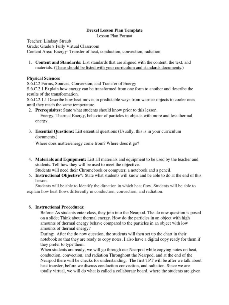 Drexel Lesson Plan Template | PDF | Heat Transfer | Thermal Conduction