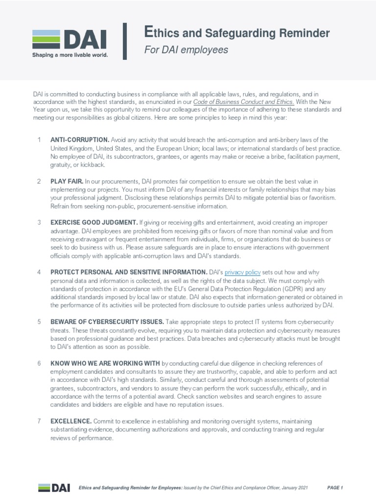 Ethics and Safeguarding Reminder For Employees January 2021 | PDF ...