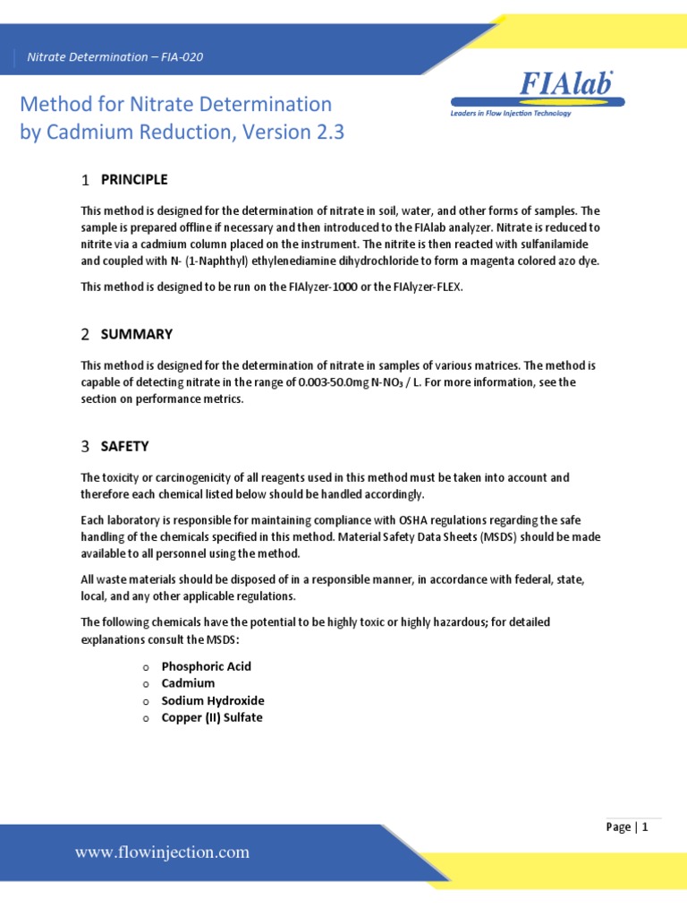 Method For Nitrate Determination By Cadmium Reduction Version 2 3 Pdf Nitrate Nitrite