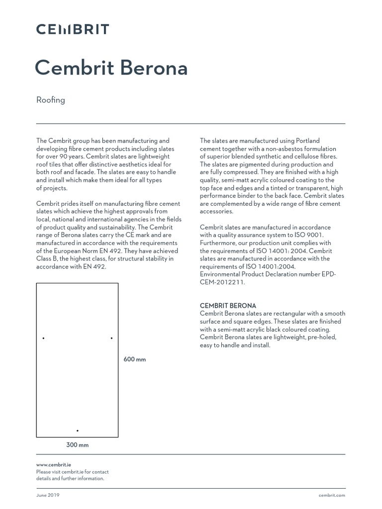 Slates Cembrit Berona 600x300 Datasheet Sir | PDF | Slate | Fibers