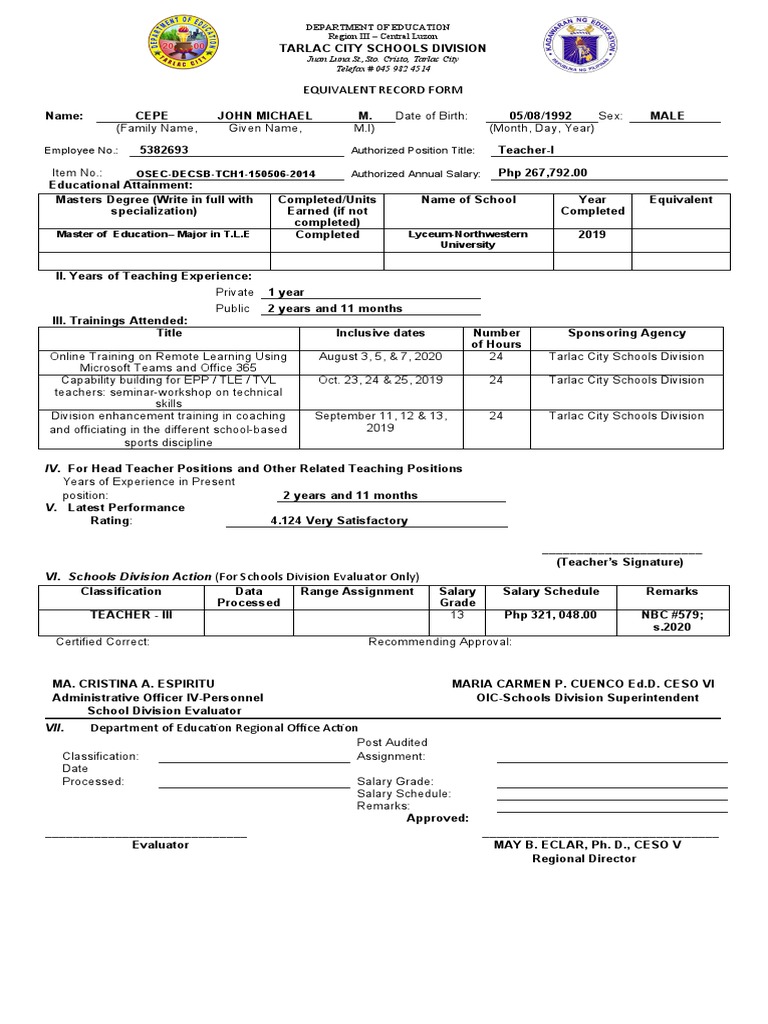 Equivalent Record Form: OSEC-DECSB-TCH1-150506-2014 | Download Free PDF ...