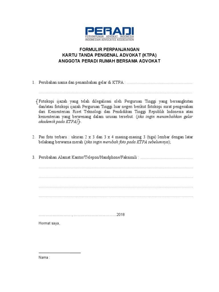 Formulir Perpanjangan Ktpa Anggota Peradi Rba | PDF | Hukum | Griya & Taman