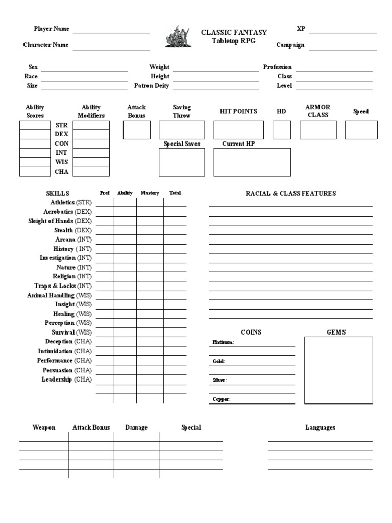 Character Sheet Classic Fantasy RPG | PDF