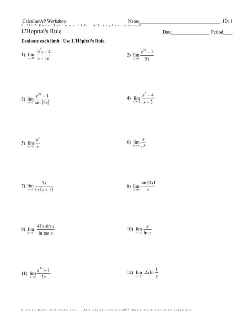 L'Hôpital's Rule Limit Worksheet | PDF | Calculus | Real Analysis