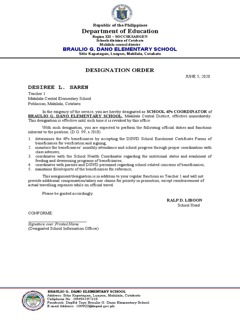 Department of Education: Designation Order Desiree L. Saren | PDF ...
