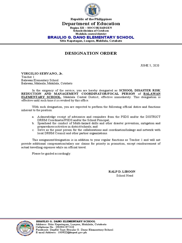 Designation Order - DRRM | PDF