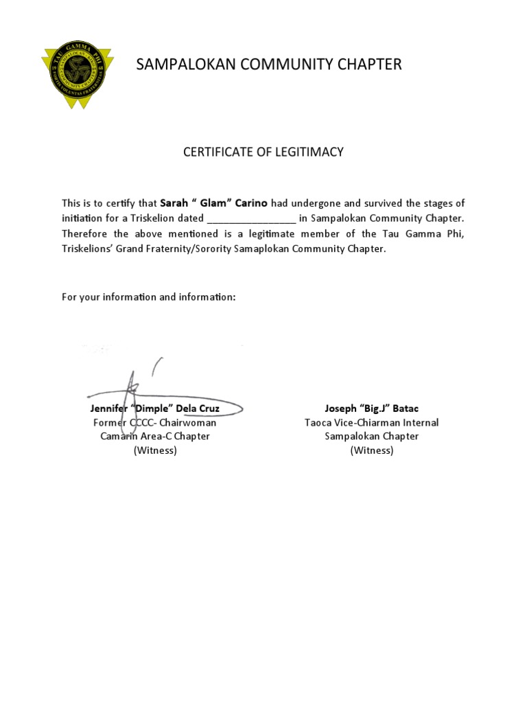 Sampalokan Community Chapter: Certificate of Legitimacy | PDF