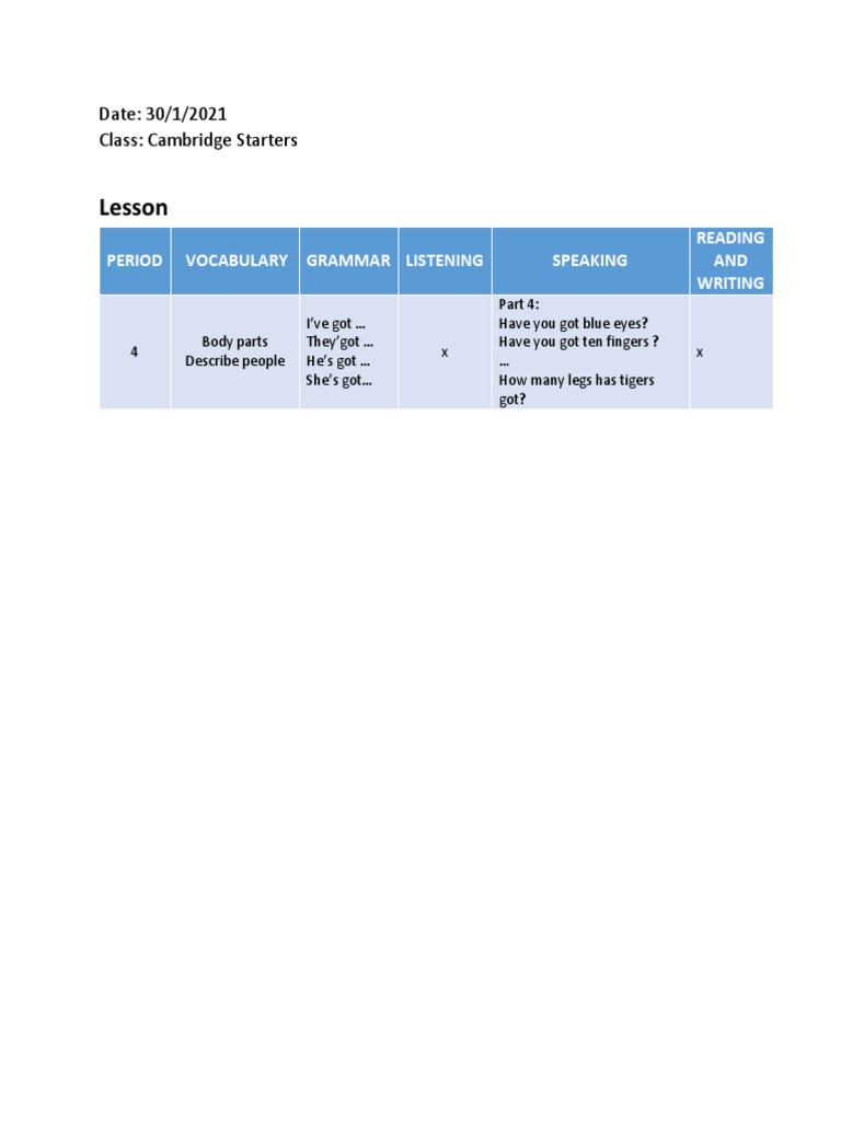 Lesson Plan - Cambridge Starters 30.1 | PDF
