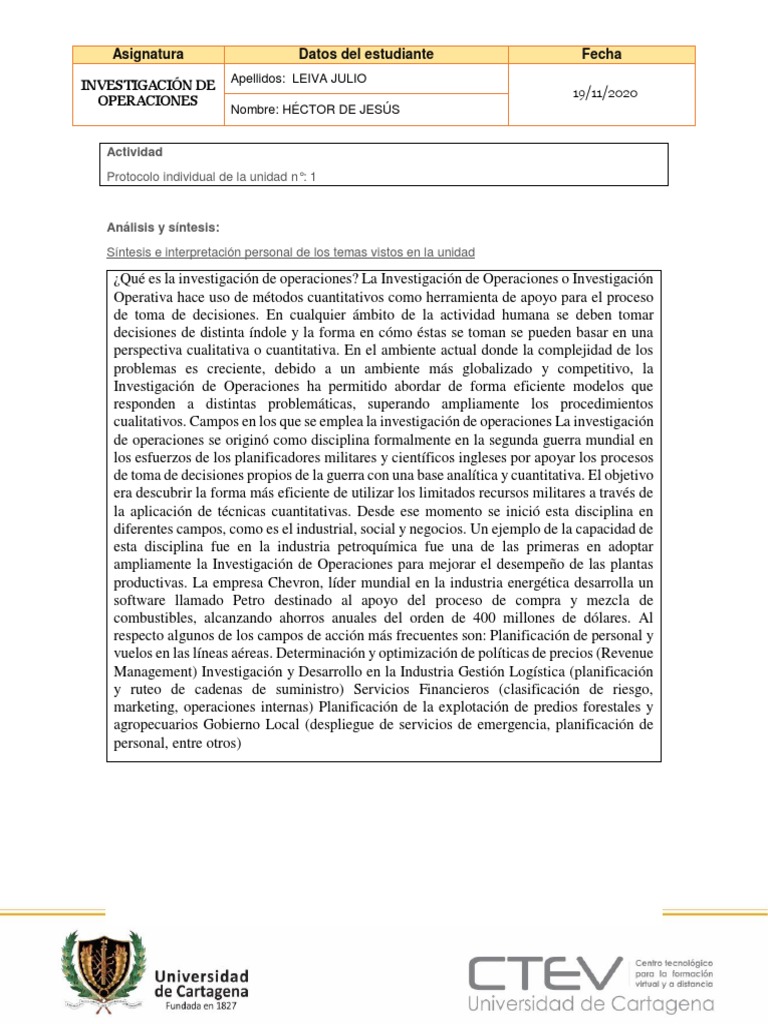 Protocolo Individual U1 | PDF | La investigación de operaciones | Planificación