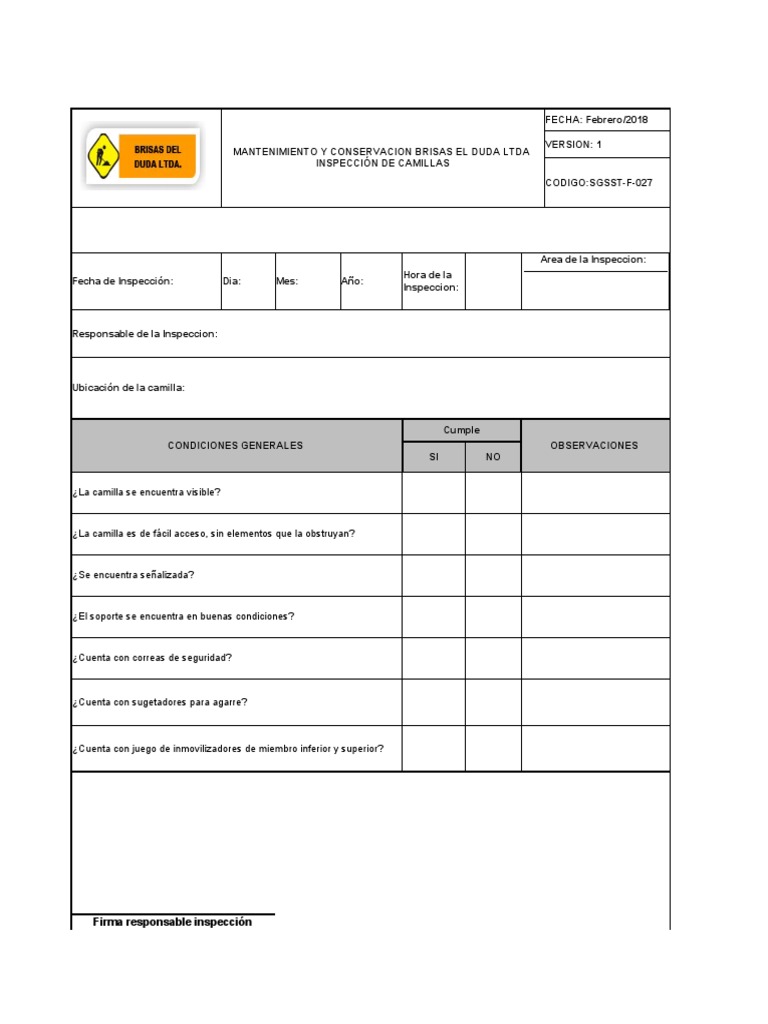 Formato 027 Inspeccion Camilla | PDF