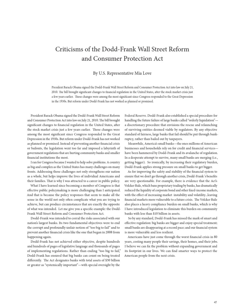 Criticisms of The Dodd-Frank Wall Street Reform and Consumer Protection ...