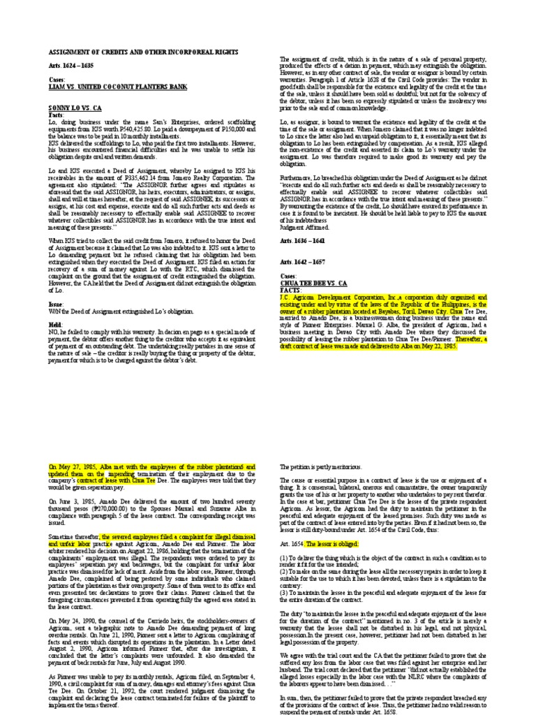 SALES Case Digest | PDF | Assignment (Law) | Lease