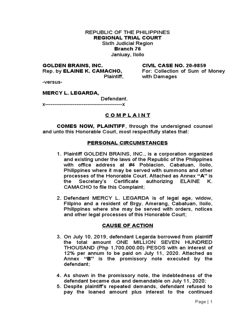 Complaint for Collection of Money | PDF | Complaint | Testimony