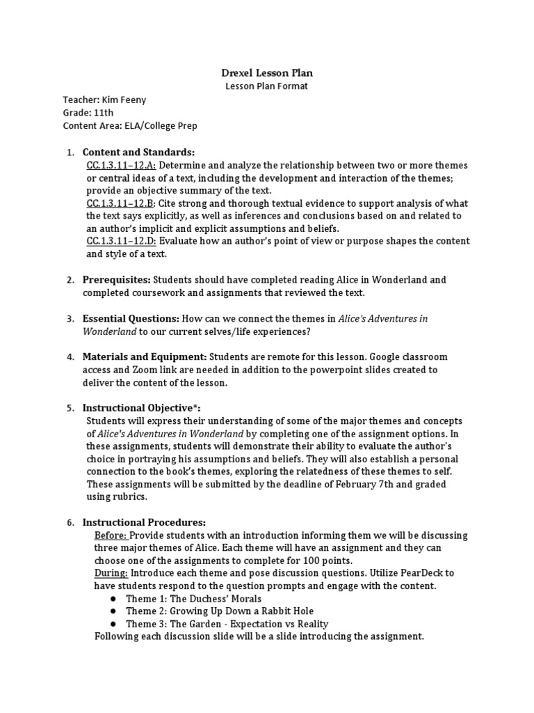 Lesson Plan Alice in Wonderland Assignment | PDF | Lesson Plan ...