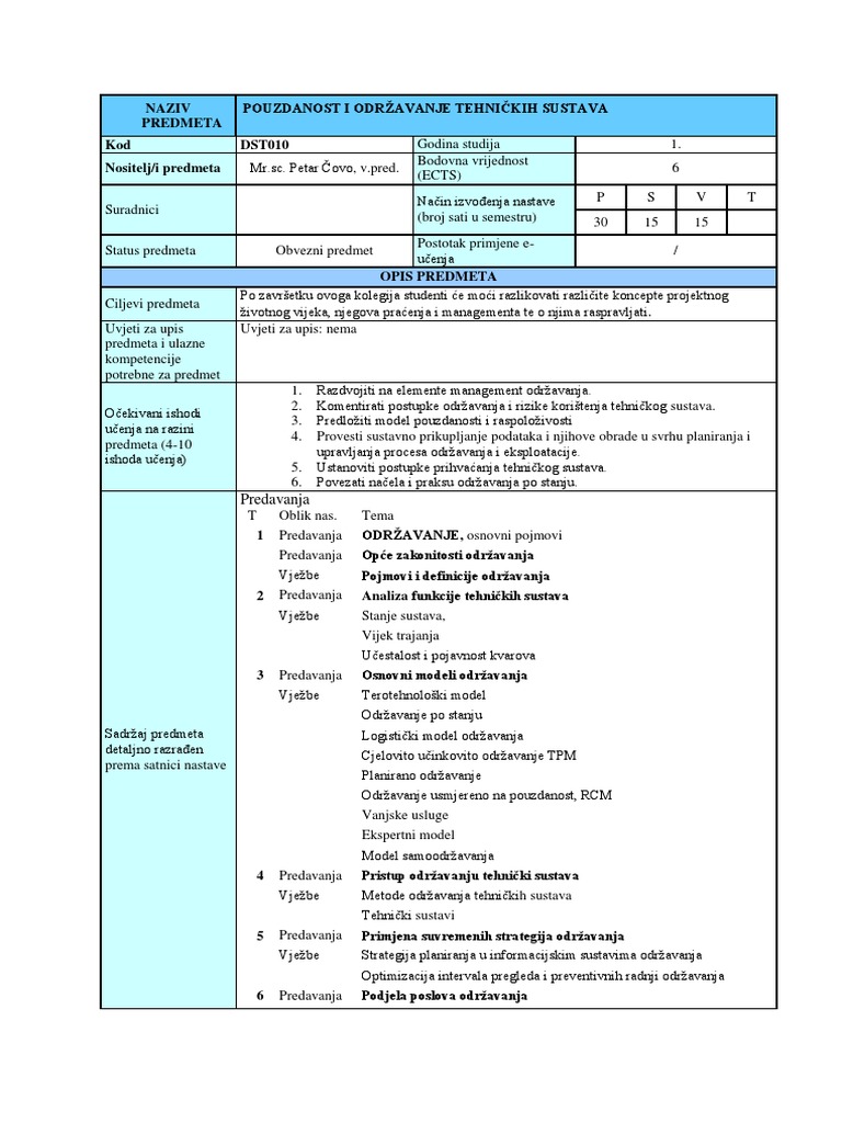 DST010 - Pouzdanost I Odrzavanje Tehnickih Sustava | PDF