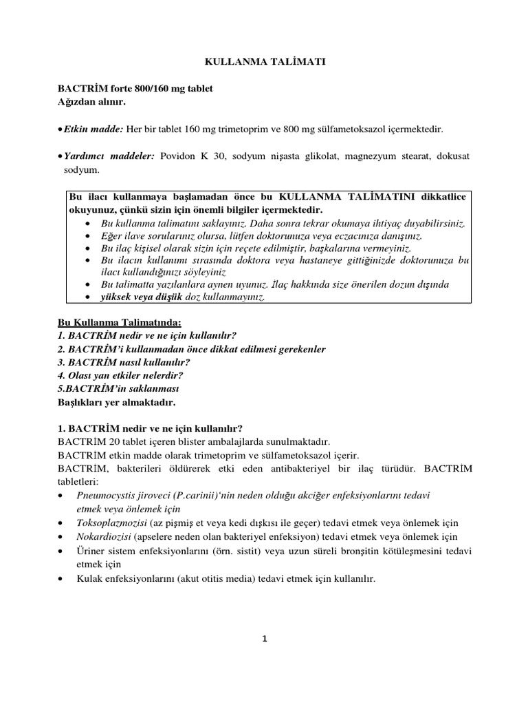 937 Bactrim Forte 800 160 MG Tablet Alternatif Uretim Yeri KT | PDF