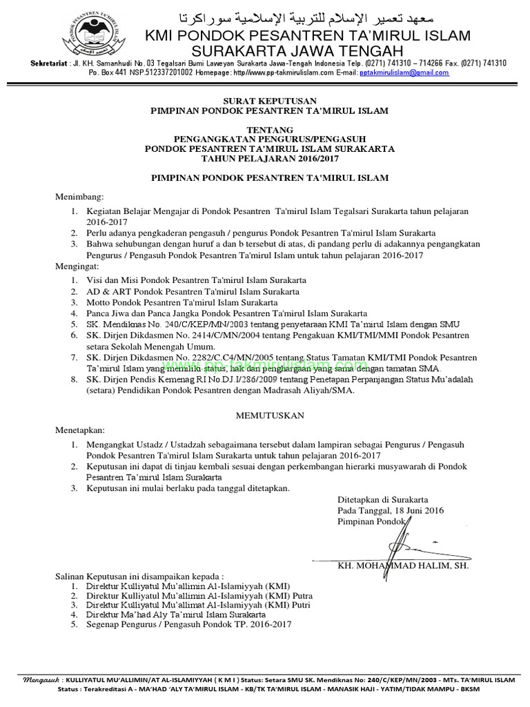 Surat Keputusan Pimpinan Pondok Pesantren Ta Mirul Islam | PDF | Kesehatan Holistik