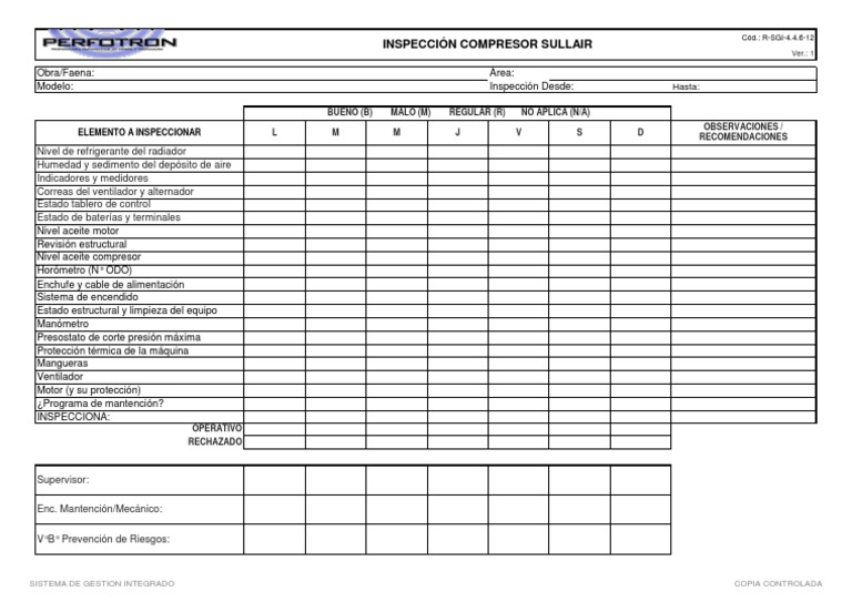 R-SGI-4.4.6-12 Inspeccion Compresor Sullair Ver.1 | PDF