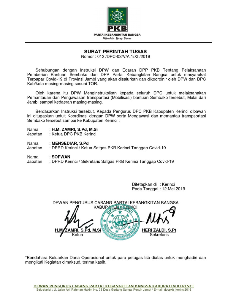 Surat Tugas Bansos DPP PKB Covid19 | PDF