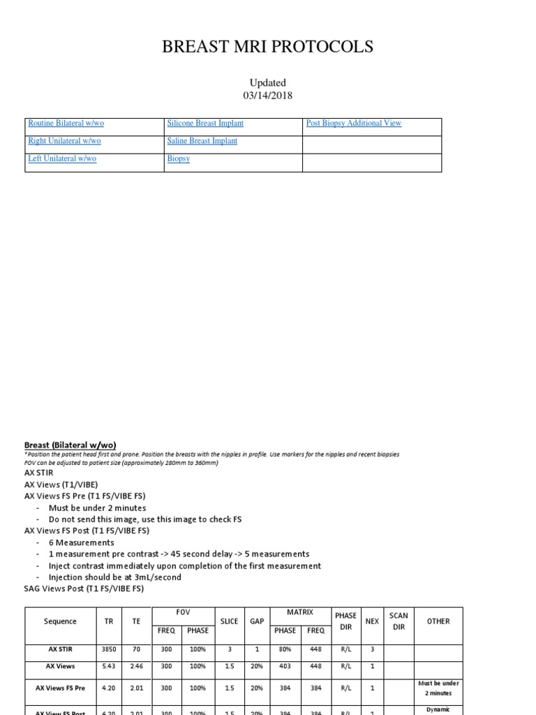 Breast Mri Protocols: Updated 03/14/2018 | PDF | Medical Physics ...