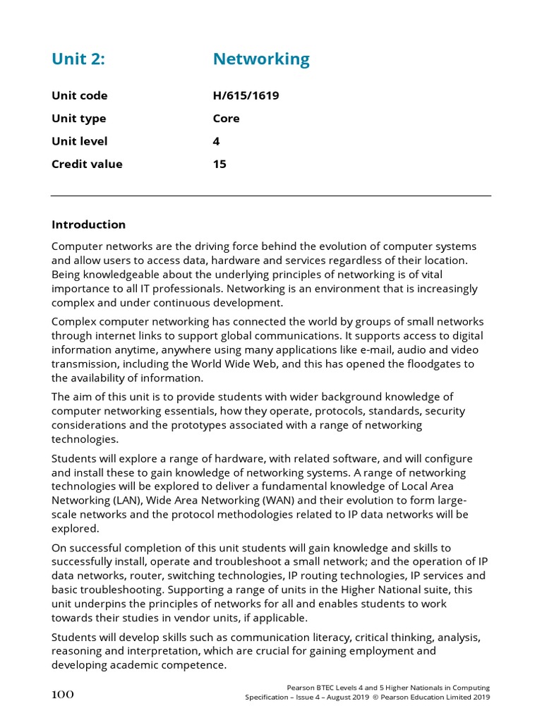 Unit 2: Networking: Unit Code H/615/1619 Unit Type Core Unit Level 4 ...