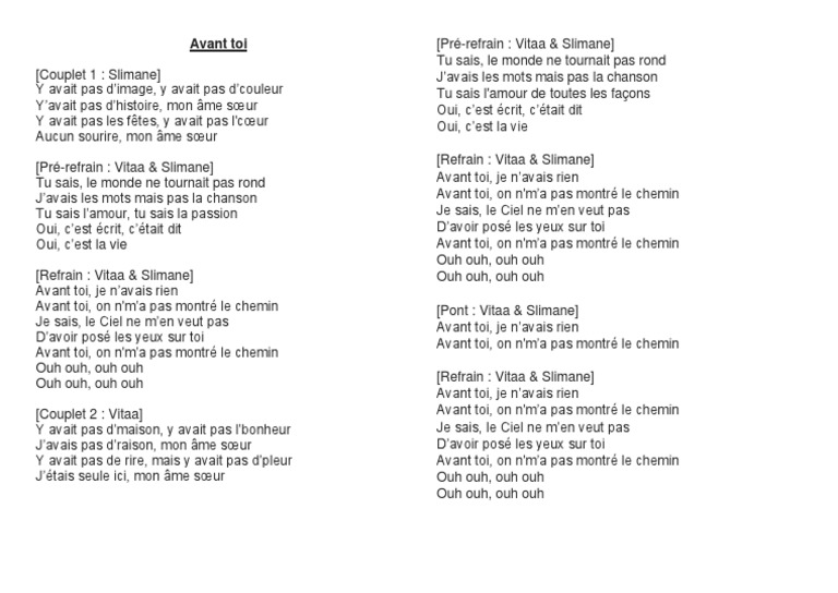 Avant Toi : Paroles de Slimane et Vitaa | PDF
