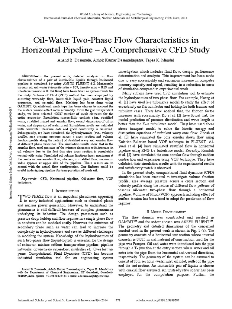 Oil Water Two Phase Flow Characteristics in Horizontal Pipeline A ...