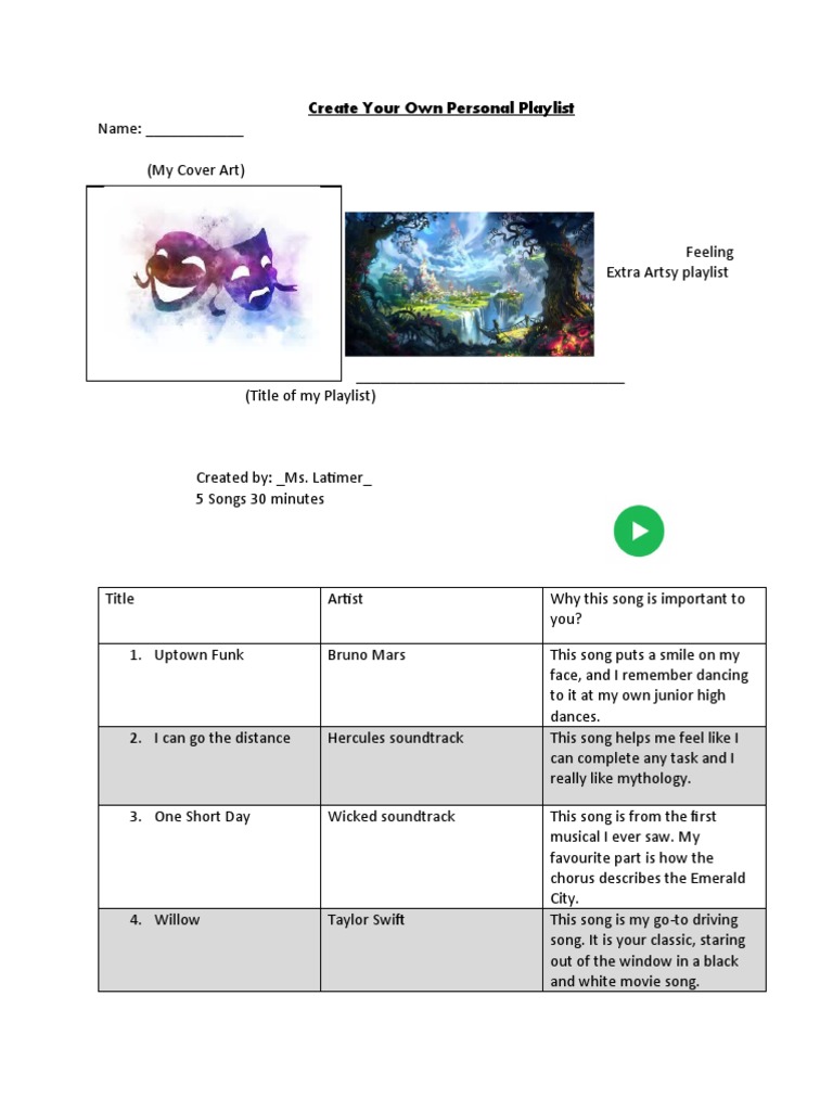 Create Your Own Personal Playlist Example | PDF