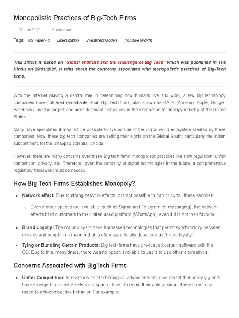 Monopolistic Practices of Big-Tech Firms | PDF | Monopoly | Business