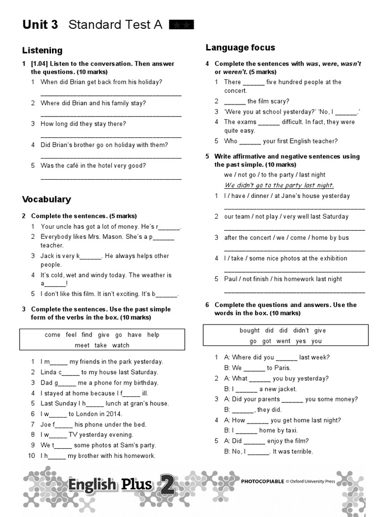 Unit 3 Standard Test A: Listening Language Focus | PDF | William ...