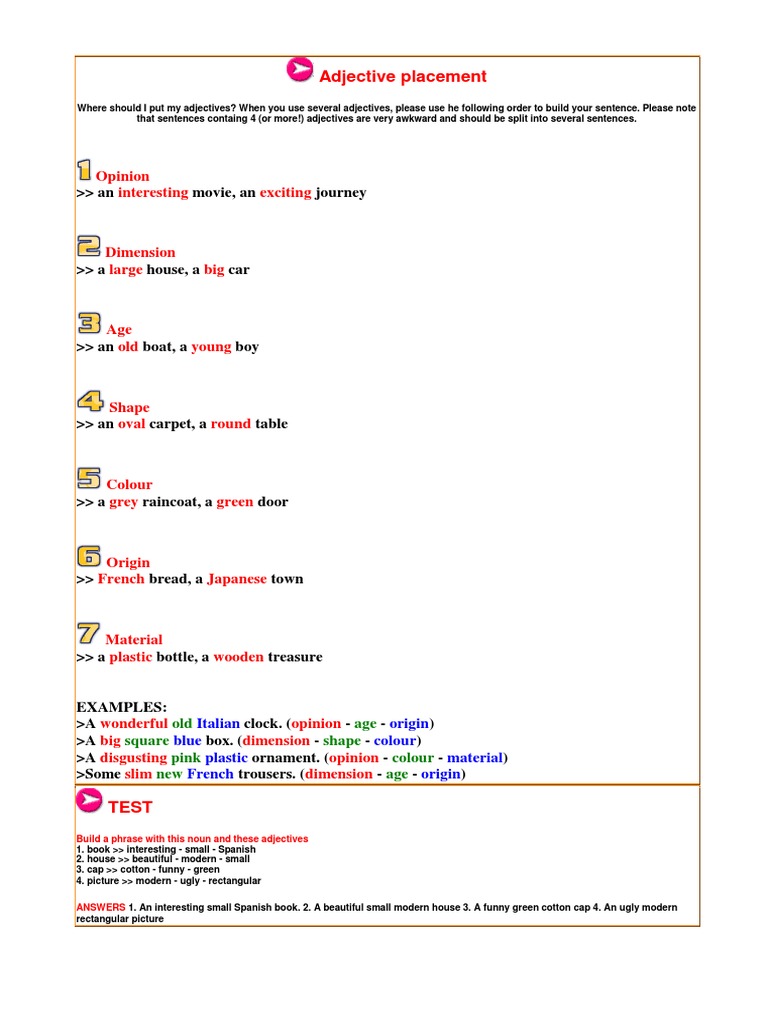 Adjective Placement Guide | PDF