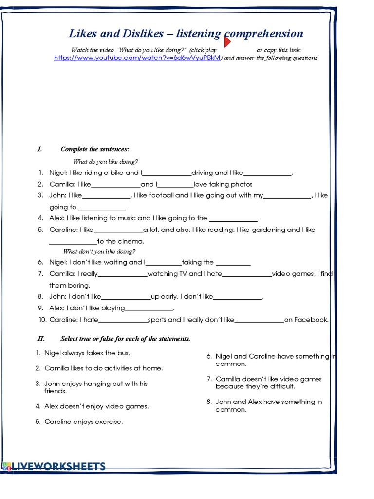 Likes and Dislikes - Listening Comprehension | PDF