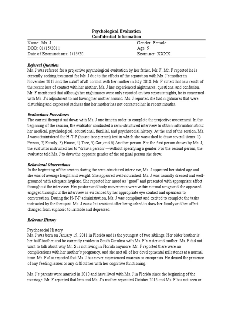 Htp Example Pdf Psychological Evaluation Psychotherapy