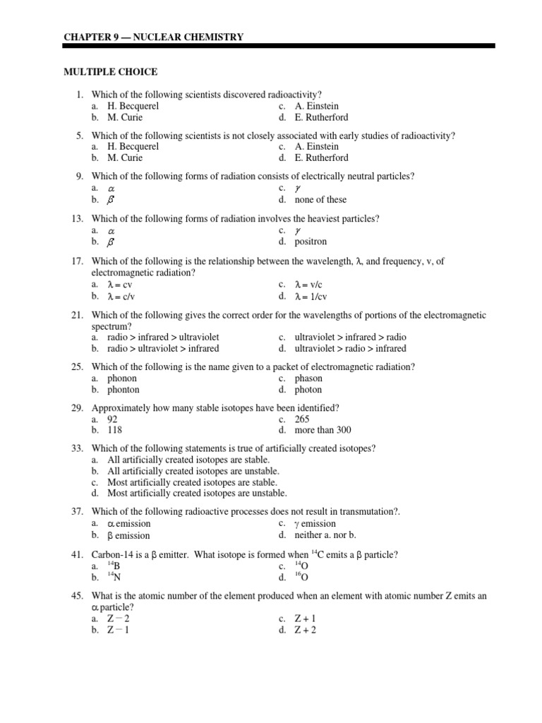 Multiple Choice Radioactivity | PDF | Electromagnetic Radiation ...